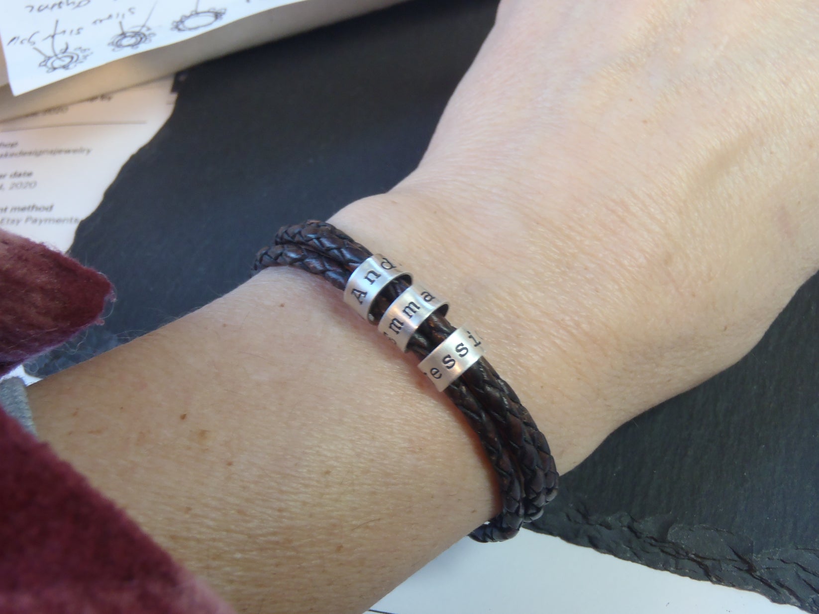 Triple Wrapped Braided Leather Bracelet with Personalized Sterling Sil ...