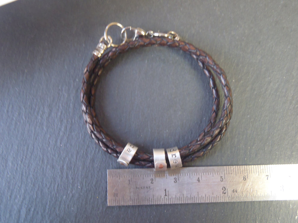 Triple Wrapped Braided Leather Bracelet with Personalized Sterling Sil ...